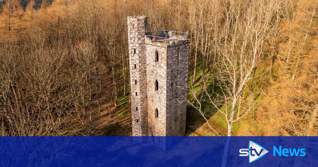 Scots Gothic hilltop tower overlooking the Lomond Hills and River Tay ...