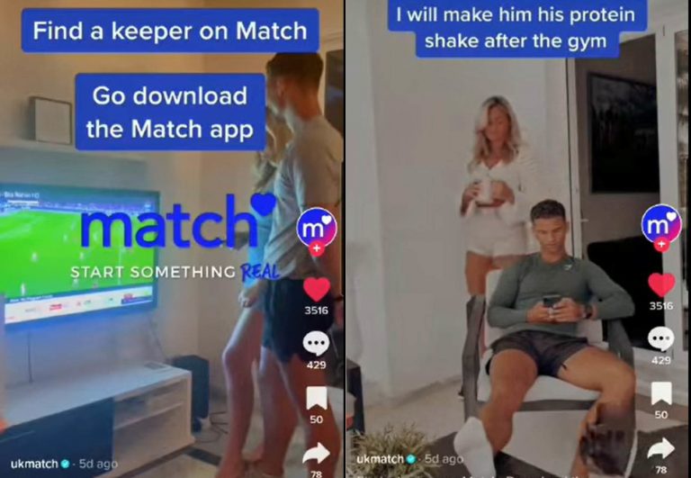 Match.com TikTok ad showing woman doing domestic chores for partner ...