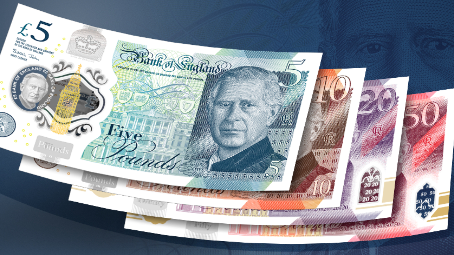 Bank of England banknotes featuring portrait of King Charles III ...