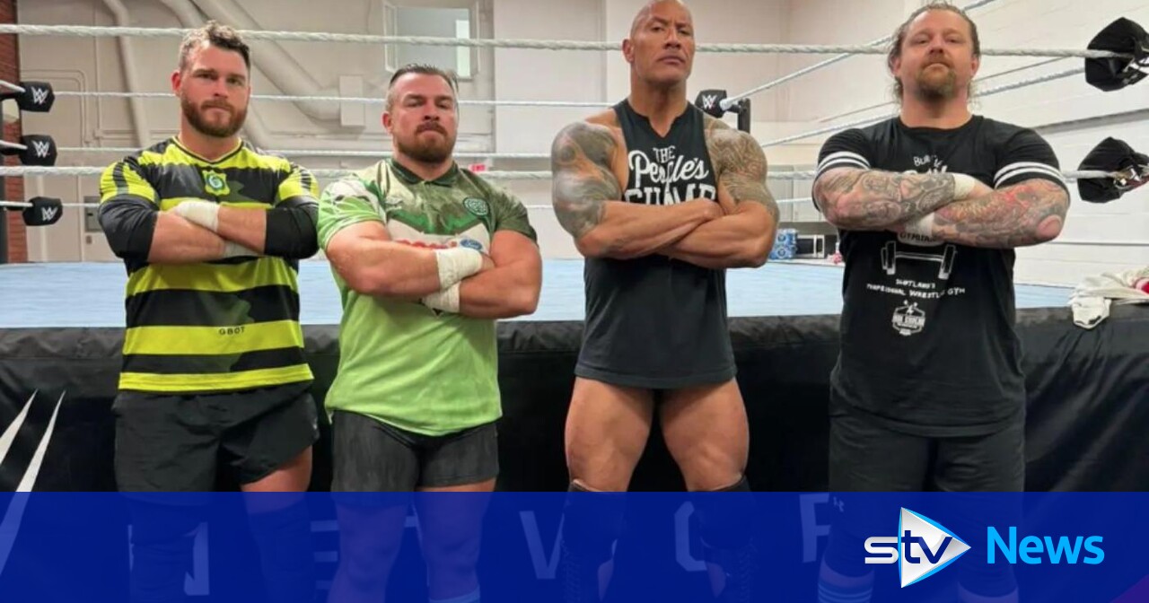 The Rock poses with Scottish wrestlers Gallus after training before ...