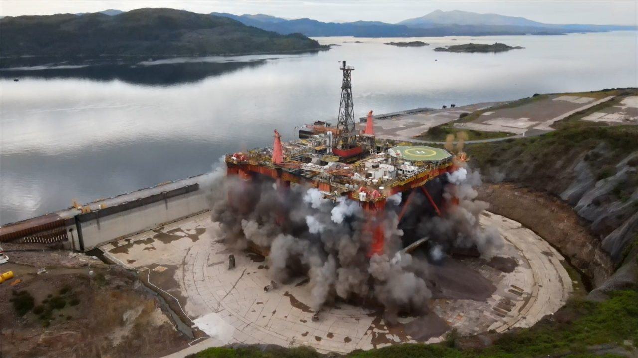 Decommissioned North Sea oil rig brought down in controlled explosion ...