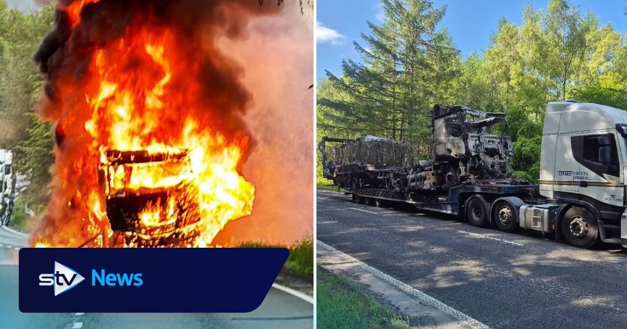 Tesco lorry engulfed by fire on A9 'melted into tarmac' | STV News